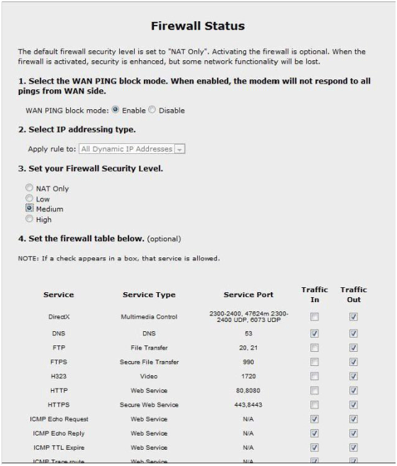 Entering firewall settings for the Actiontec gateway (infiNET service ...