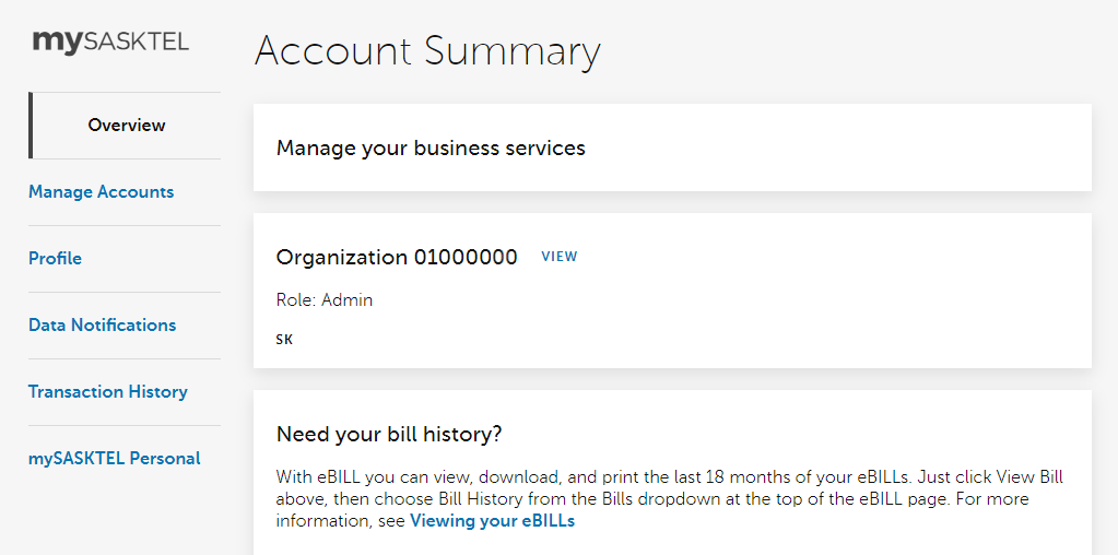 Business: mySASKTEL overview page (Account Summary) | Support | SaskTel