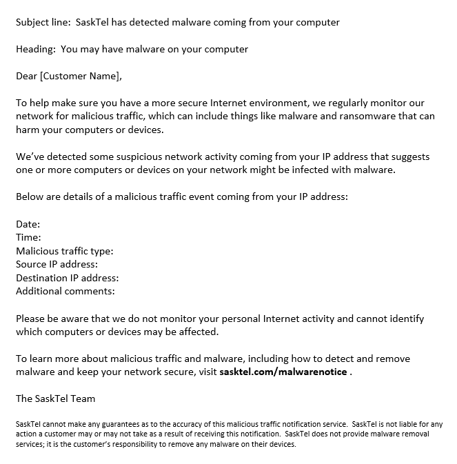 Understanding malicious traffic notifications | Support | SaskTel