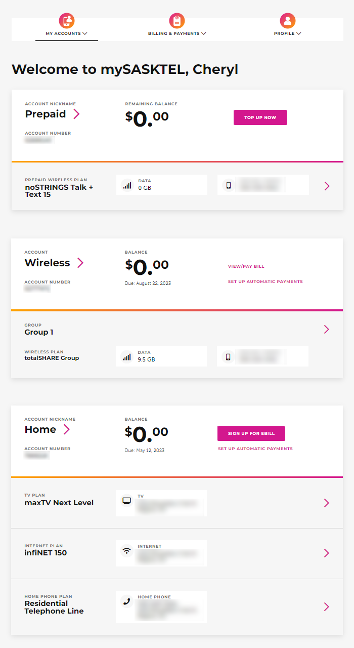 Personal: mySASKTEL welcome page (My Accounts) | Support | SaskTel