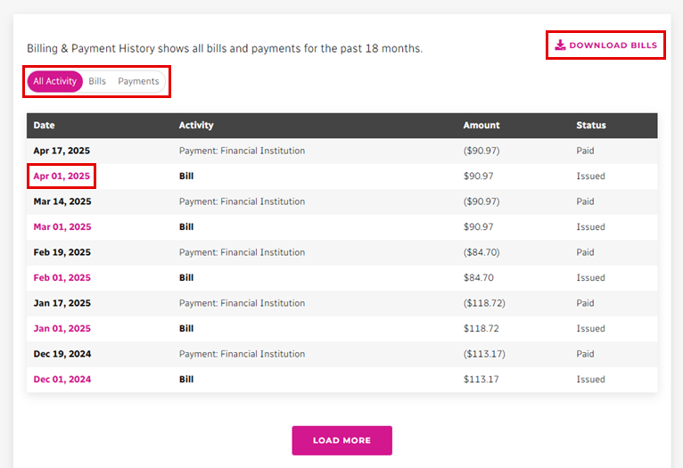 Personal: Viewing your last 18 billed amounts and payment history in ...